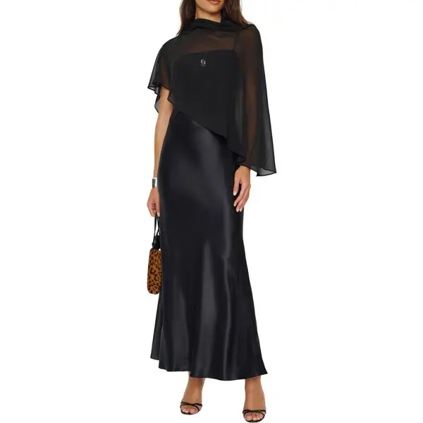 REFORMATION Lilibeth Silk Charmeuse Slipdress & Chiffon Cape Set - Black