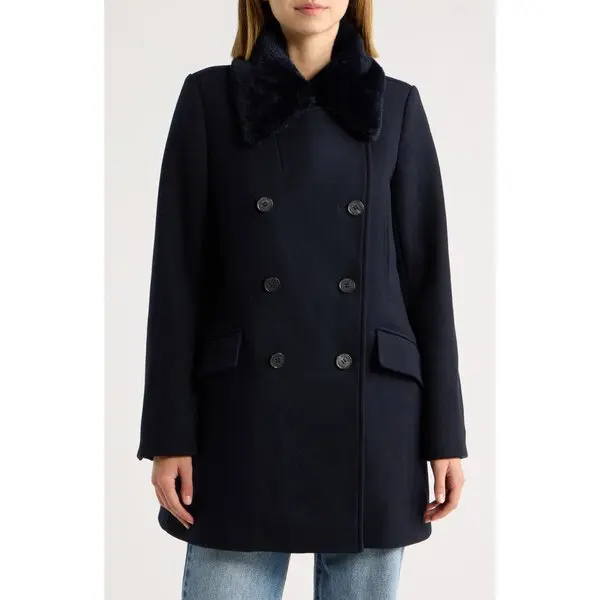 LoveShackFancy Verdine Faux Fur Collar Double Breasted Coat - Navy