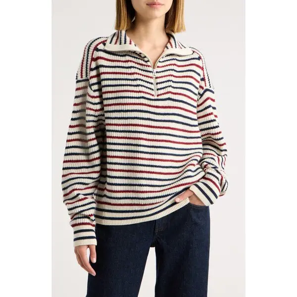 Rag & Bone Georgie Stripe Wool Quarter Zip Sweater - Ivory Multi