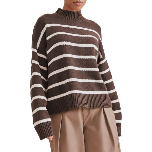 Splendid Nora Stripe Mock Neck Sweater - Java Brown/shell