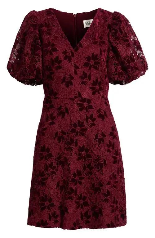 Eliza J V-neck Puff Sleeve Fit & Flare Dress - Wine