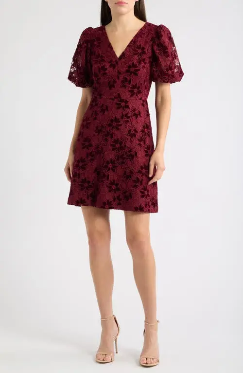 Eliza J V-neck Puff Sleeve Fit & Flare Lace Dress - Wine
