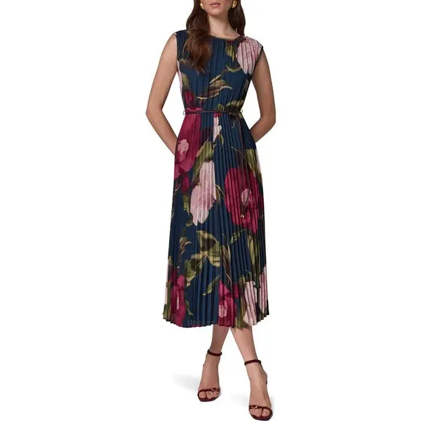 Donna Karan New York Floral Print Pleated Sleeveless Dress - Navy