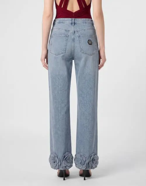 Philipp Plein Straight Cut Jeans With Rose Embellishments