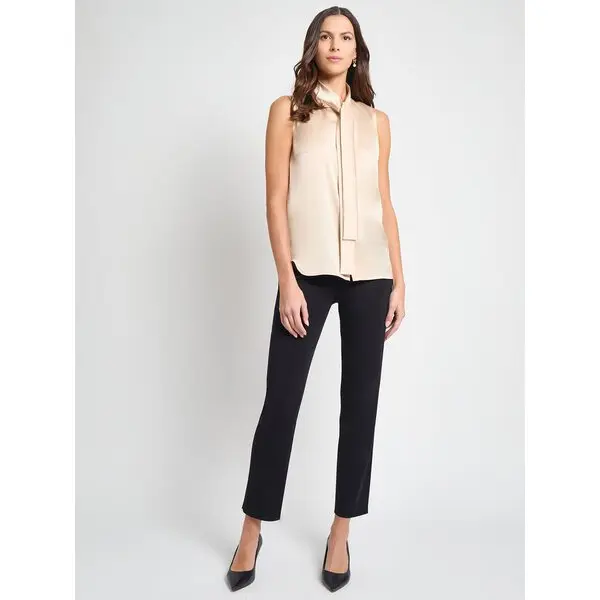 Misook Tie Neck Crepe De Chine Blouse - Biscotti