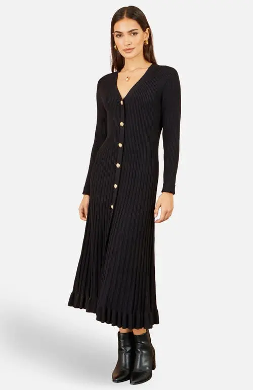 YUMI Long Sleeve Ribbed Midi Knit Dress - Black