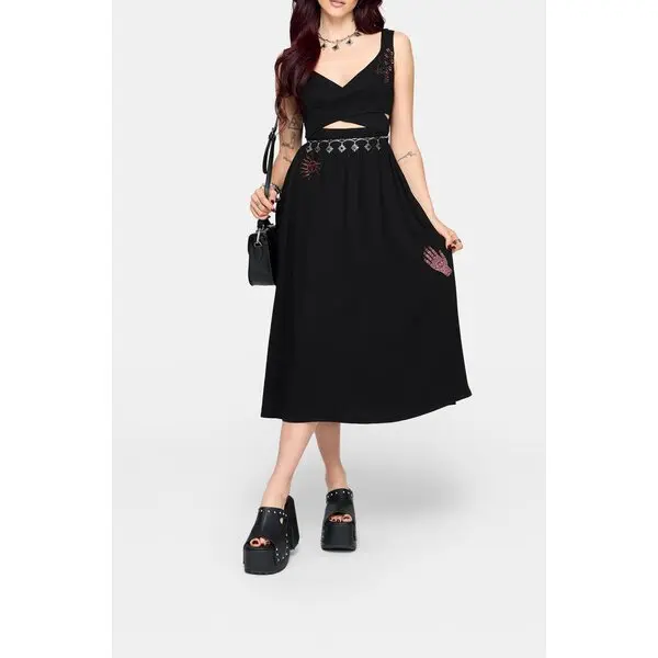 DISTURBIA Mireth Embroidered Wrap Front Midi Dress