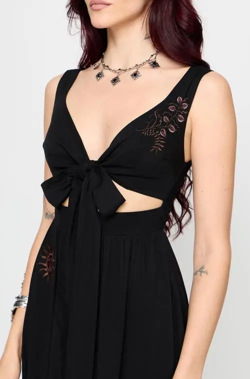 DISTURBIA Mireth Embroidered Wrap Front Midi Dress