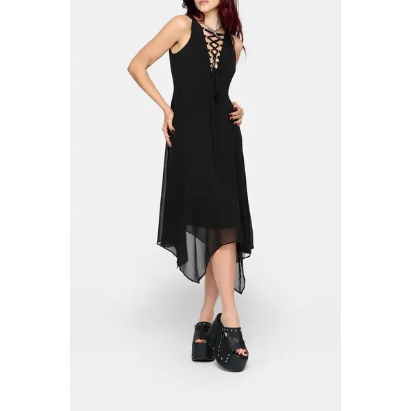 DISTURBIA Luciana Lace Up Neck Chiffon Midi Dress - Black