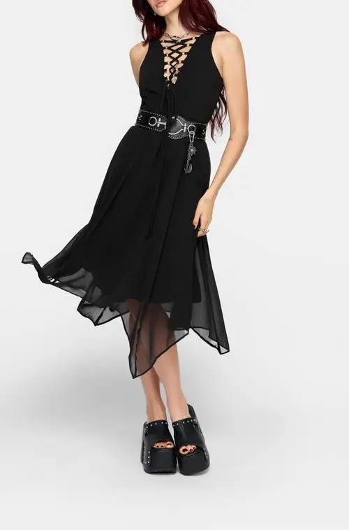 DISTURBIA Luciana Lace Up Neck Chiffon Midi Dress