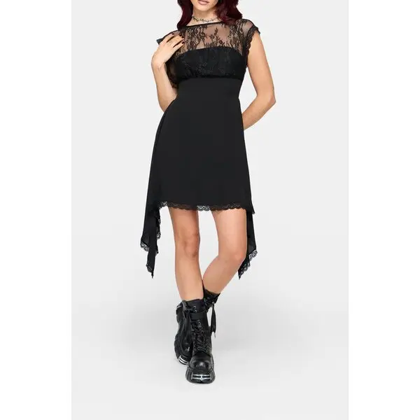 DISTURBIA Mairi Lace Overlay Hanky Hem Mini Dress - Black