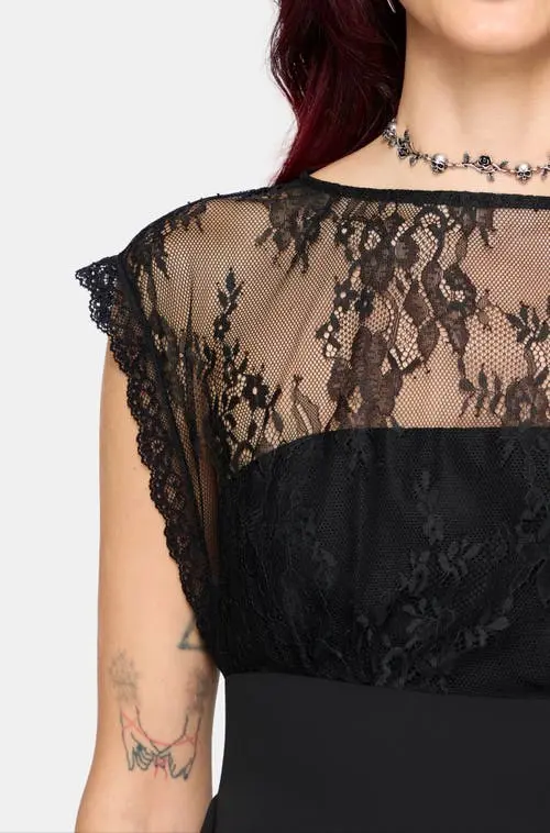 DISTURBIA Mairi Lace Overlay Hanky Hem Mini Dress