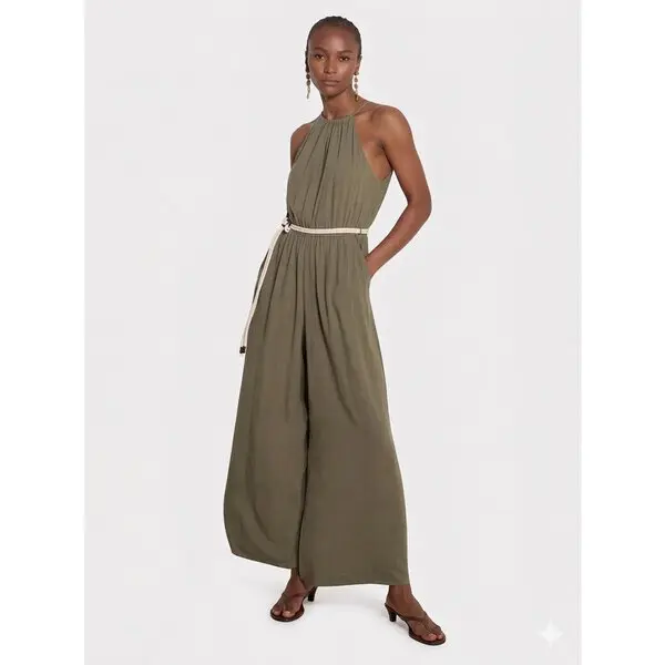 APRICOT Halter Neck Wide Leg Jumpsuit With Rope Belt - Khaki