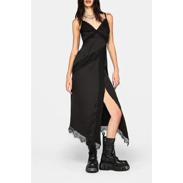 DISTURBIA Tova Lace Trim Asymmetric Midi Dress