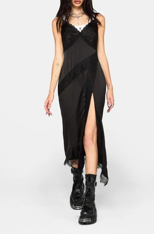 DISTURBIA Tova Lace Trim Asymmetric Midi Dress