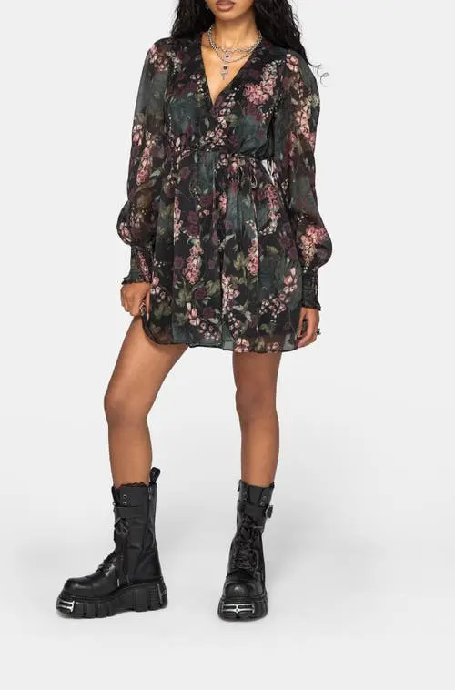 DISTURBIA Noctua Chiffon Long Sleeve Mini Dress - Black