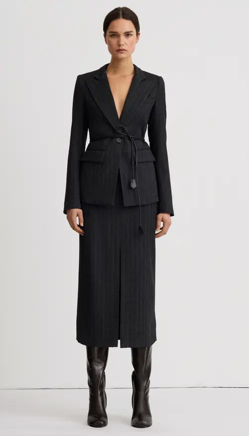 Smythe Longline Peaked Lapel Blazer - Slate Herringbone