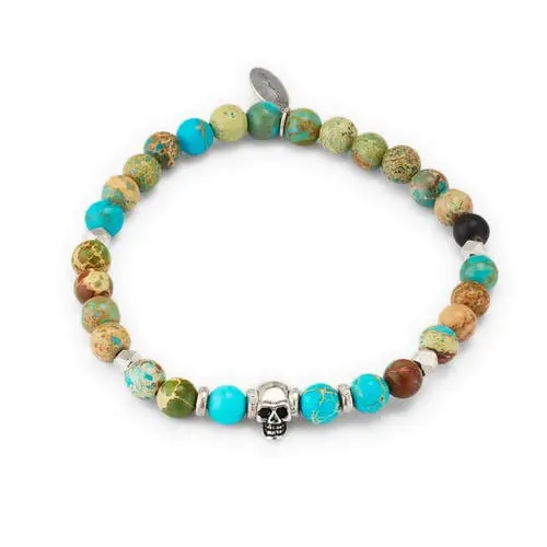 JAN LESLIE Sterling Silver Skull Chrysocolla & Agate Stretch Bracelet - Turquoise