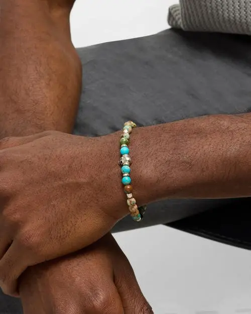 JAN LESLIE Sterling Silver Skull Chrysocolla & Agate Stretch Bracelet