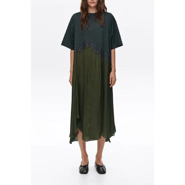 Bimba Y Lola Asymmetric Lace Overlay Midi Dress - Khaki