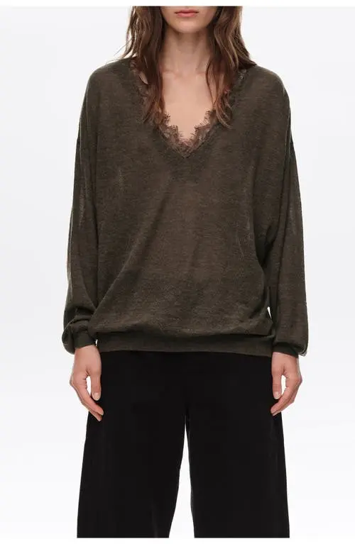Bimba Y Lola Long Wool Blend Lace Trim Sweater - Chocolate