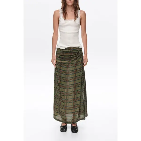 Bimba Y Lola Checked Gathered Fluid Midi Skirt - Khaki