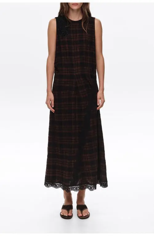 Bimba Y Lola Checked Midi Dress With Lace Trim - Dark Brown