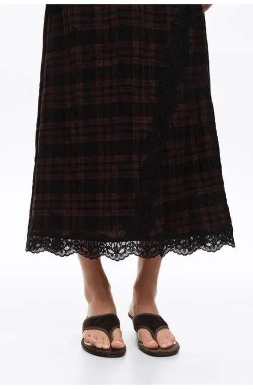Bimba Y Lola Checked Midi Dress With Lace Trim - Dark Brown