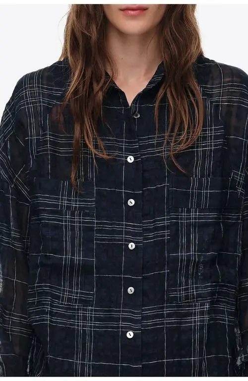 Bimba Y Lola Checked Linen Blend Oversize Shirt - Navy
