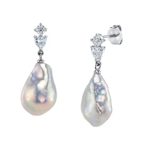 The Pearl Source White Freshwater Baroque Pearl And Cubic Zirconia Drop Earrings - Sterling Silver