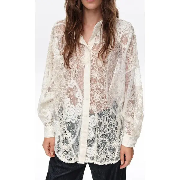 Bimba Y Lola Oversize Lace Patchwork Shirt - Ivory