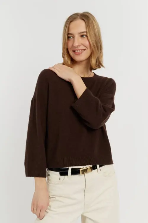 Chinti & Parker Cloud Cashmere Cropped Sleeve Sweater - Chocolate