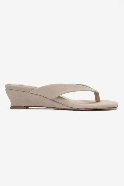 PROLOGUE SHOES Vanessia Thong Wedge Sandal - Beige Suede
