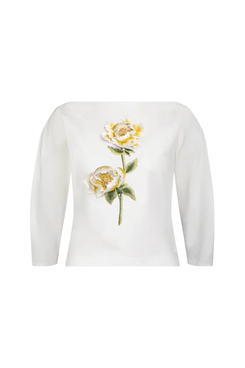 Lela Rose 3d Peony Embroidered Cotton Poplin Top - White/yellow