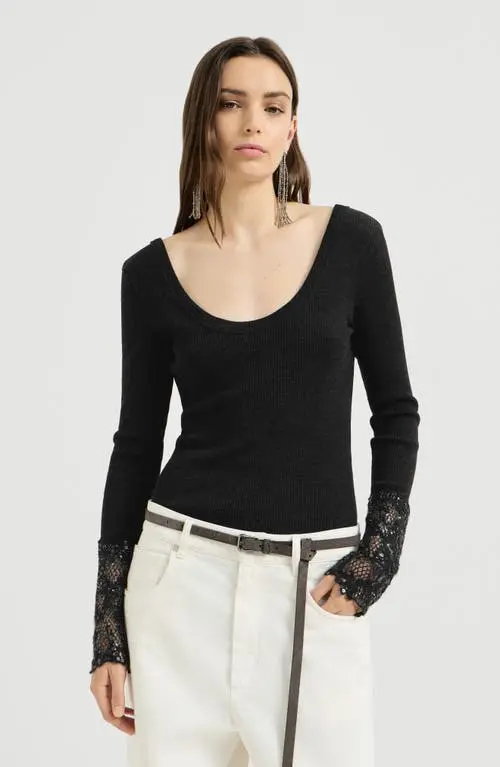 Brunello Cucinelli Ribbed Wool Jersey Sweater With Dazzling Lace Embroidery Cuffs - Anthracite