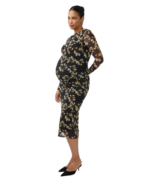 Ingrid & Isabel® Long Sleeve Ruched Mesh Maternity Midi Dress - Brown Bloom