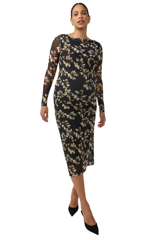 Ingrid & Isabel® Long Sleeve Ruched Maternity Midi Dress - Brown Bloom