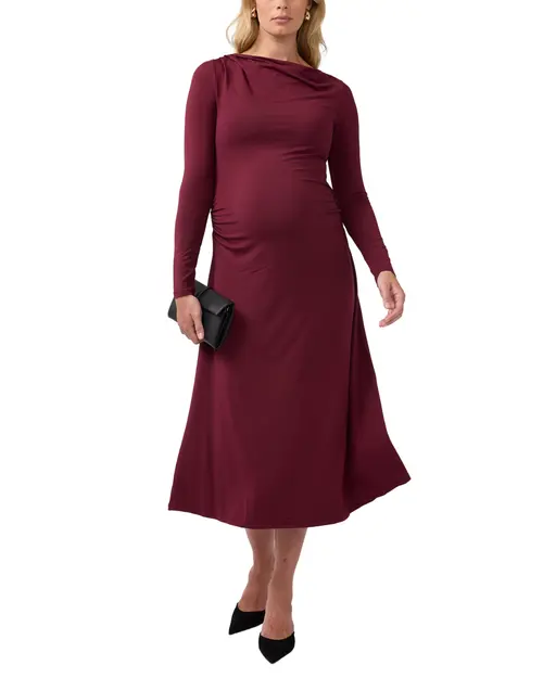 Ingrid & Isabel® Ruched Long Sleeve Mock Neck Maternity Midi Dress - Cranberry