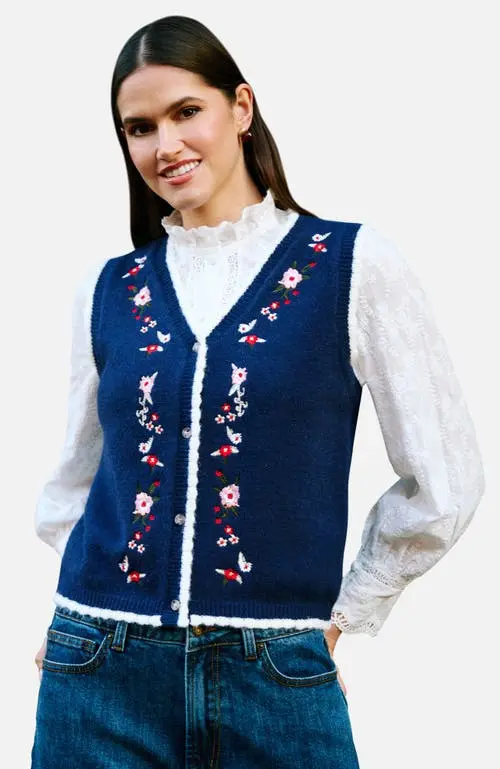 YUMI Embroidered Knitted Vest - Navy