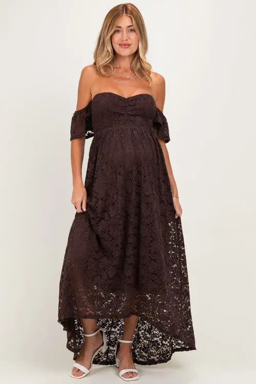 PINKBLUSH Lace Off-the-shoulder High-low Maternity Maxi Dress - Brown