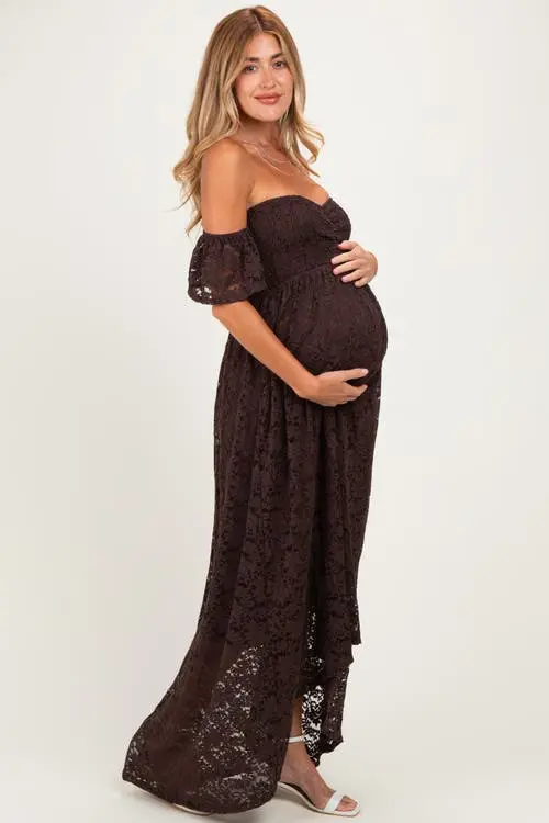 PINKBLUSH Lace Off-the-shoulder High-low Maternity Maxi Dress