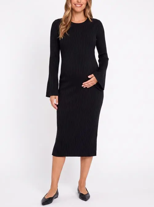 Motherhood Maternity Long Flared Sleeve Midi Sweater Dress - Black