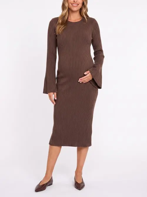 Motherhood Maternity Striped Long Flared Sleeve Sweater Midi Dress - French Roast