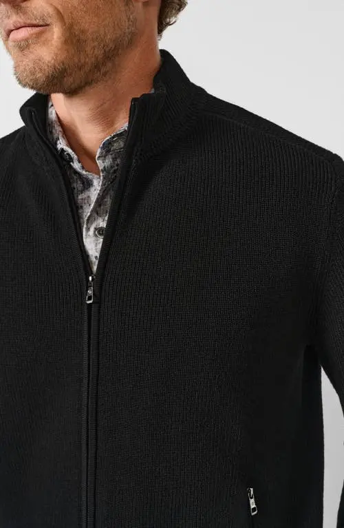 David Donahue Aviator Merino Wool Zip-up Sweater Jacket - Black