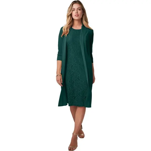 JESSICA LONDON 2 Piece Stretch Knit Duster Set - Emerald Green