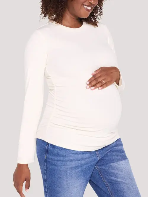 Motherhood Maternity Crew Neck Long Sleeve Side Ruched Top - Vanilla Ice