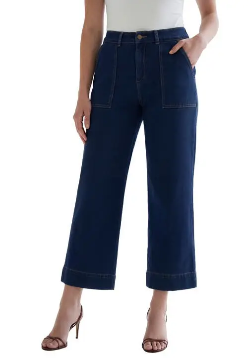 Roaman's Utility Flare Ankle Pants With Button Fly Waistband - Medium Wash