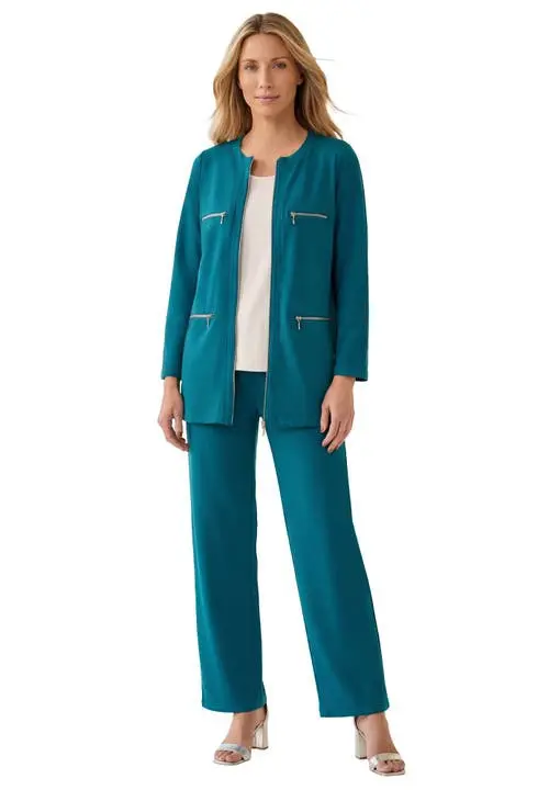 Roaman's French Terry Zip Front Wide Leg Pant Set - Deep Teal