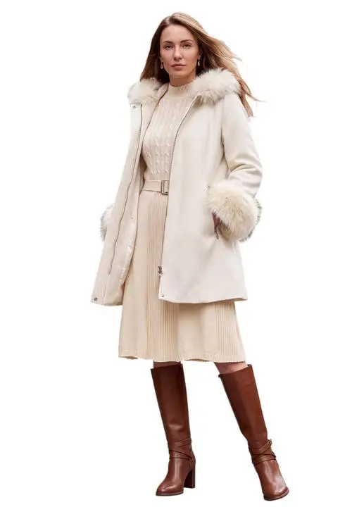 JESSICA LONDON Hooded Faux Fur Trim Coat - Ivory