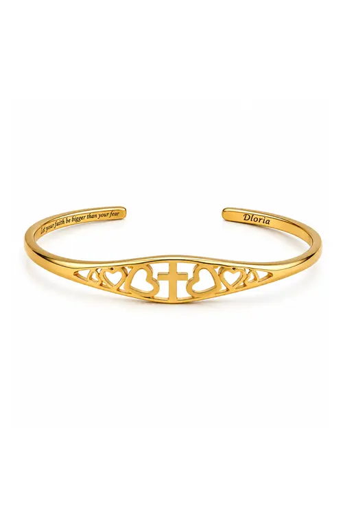 DLORIA 18k Plated Cross And Heart Engraved Adjustable Cuff Bracelet - Gold